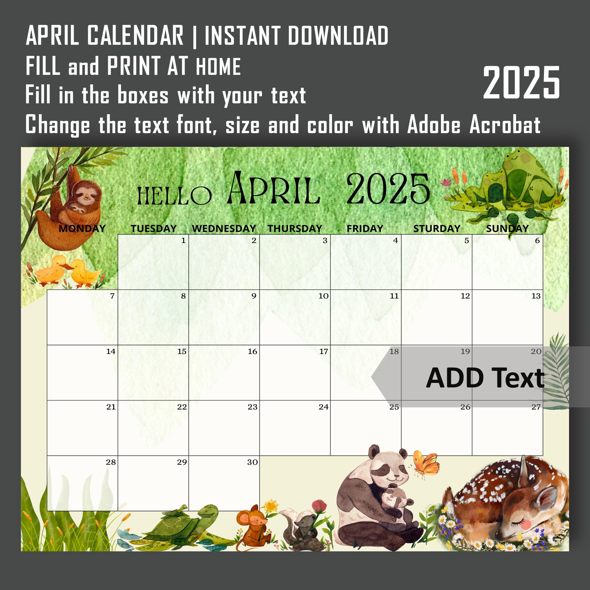 EDITABLE Printable April Calendar 2025, April Calendar With Cute ...
