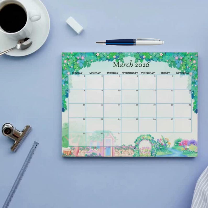 Editable March Calendar 2026, Green March Garden Calendar Printable ...