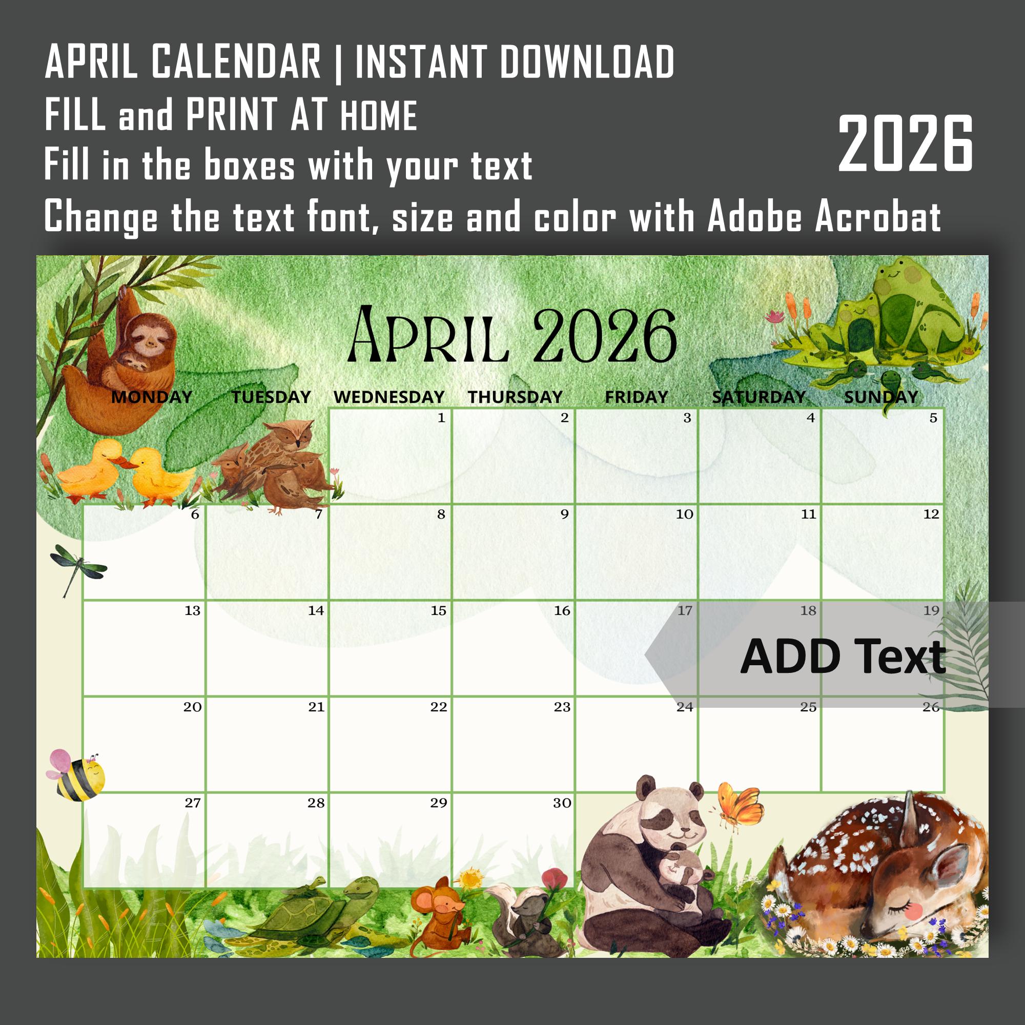 EDITABLE Printable April Calendar 2026, April Calendar With Cute ...