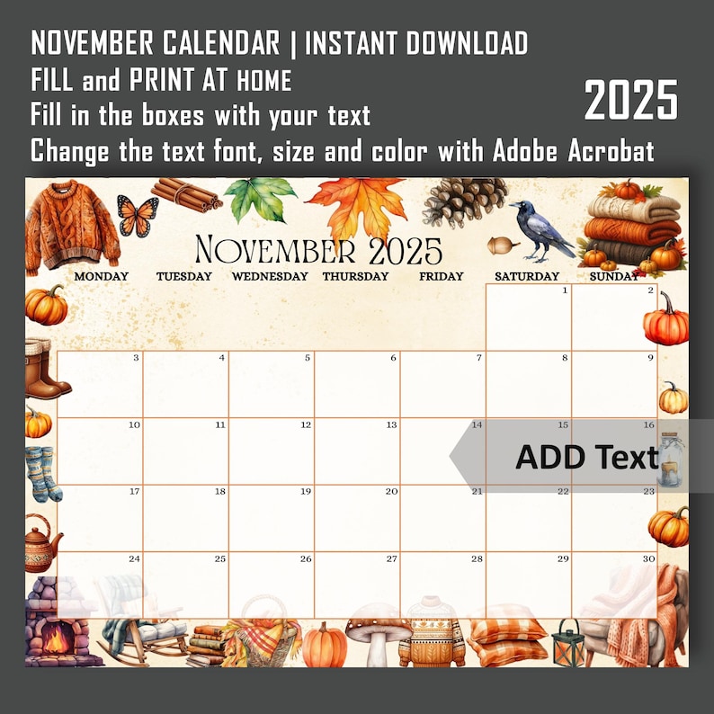 EDITABLE November 2025 Calendar, Beautiful Fall Autumn, Printable ...
