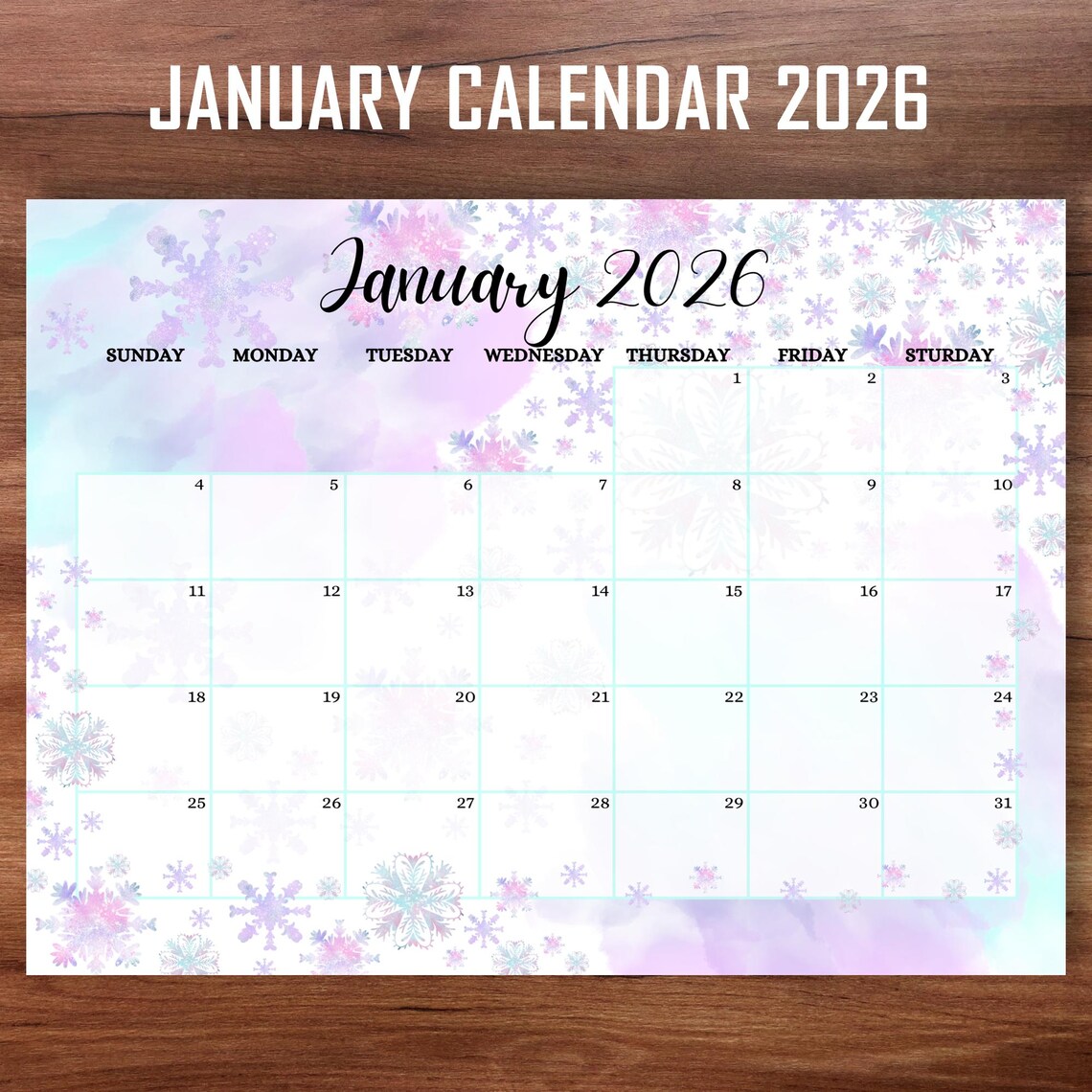 Editable January 2026 Calendar, Cute Winter 2026, Monthly Calendar for ...