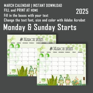 EDITABLE March 2025 Calendar, Beautiful Spring With Cute Gnome Planner ...