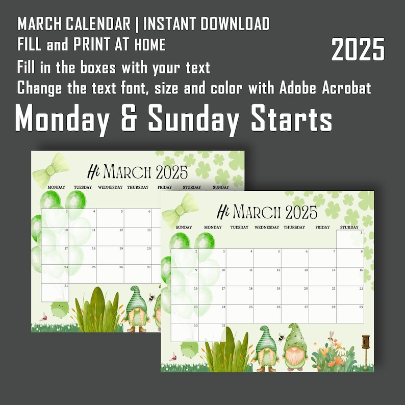 EDITABLE March 2025 Calendar, Beautiful Spring With Cute Gnome Planner ...