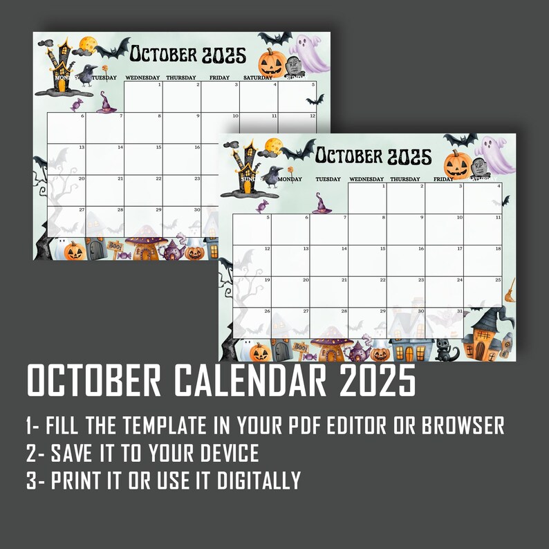 EDITABLE October 2025 Calendar, Cute Spooky Halloween 2025 Planner ...