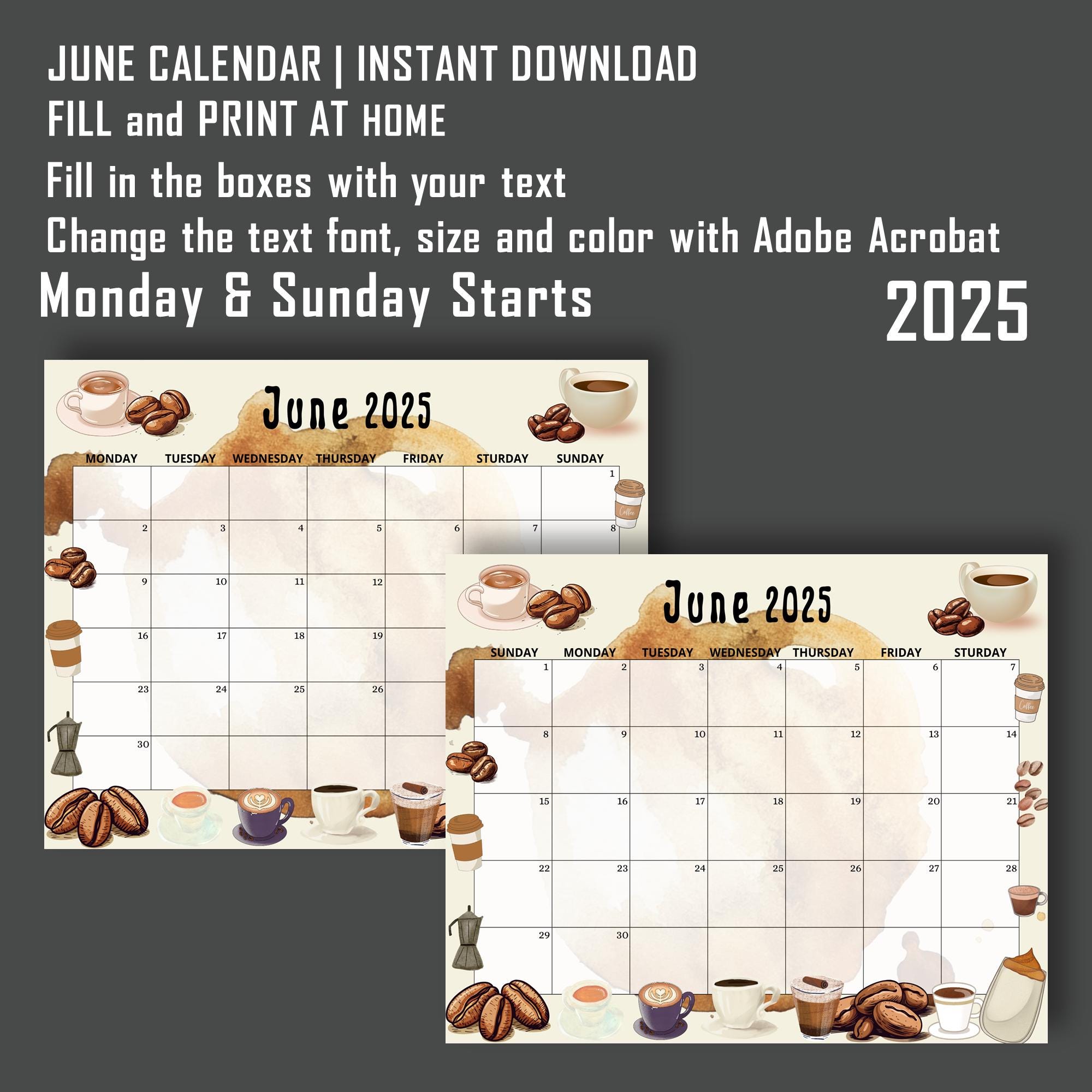 EDITABLE June 2025 Calendar, Cute Summer Planner W/ Coffee, Printable ...