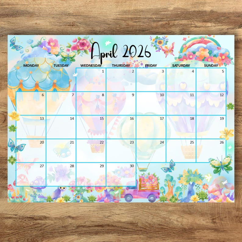 EDITABLE April Calendar 2026, Happy Spring W/ Cute Hot Air Balloon ...