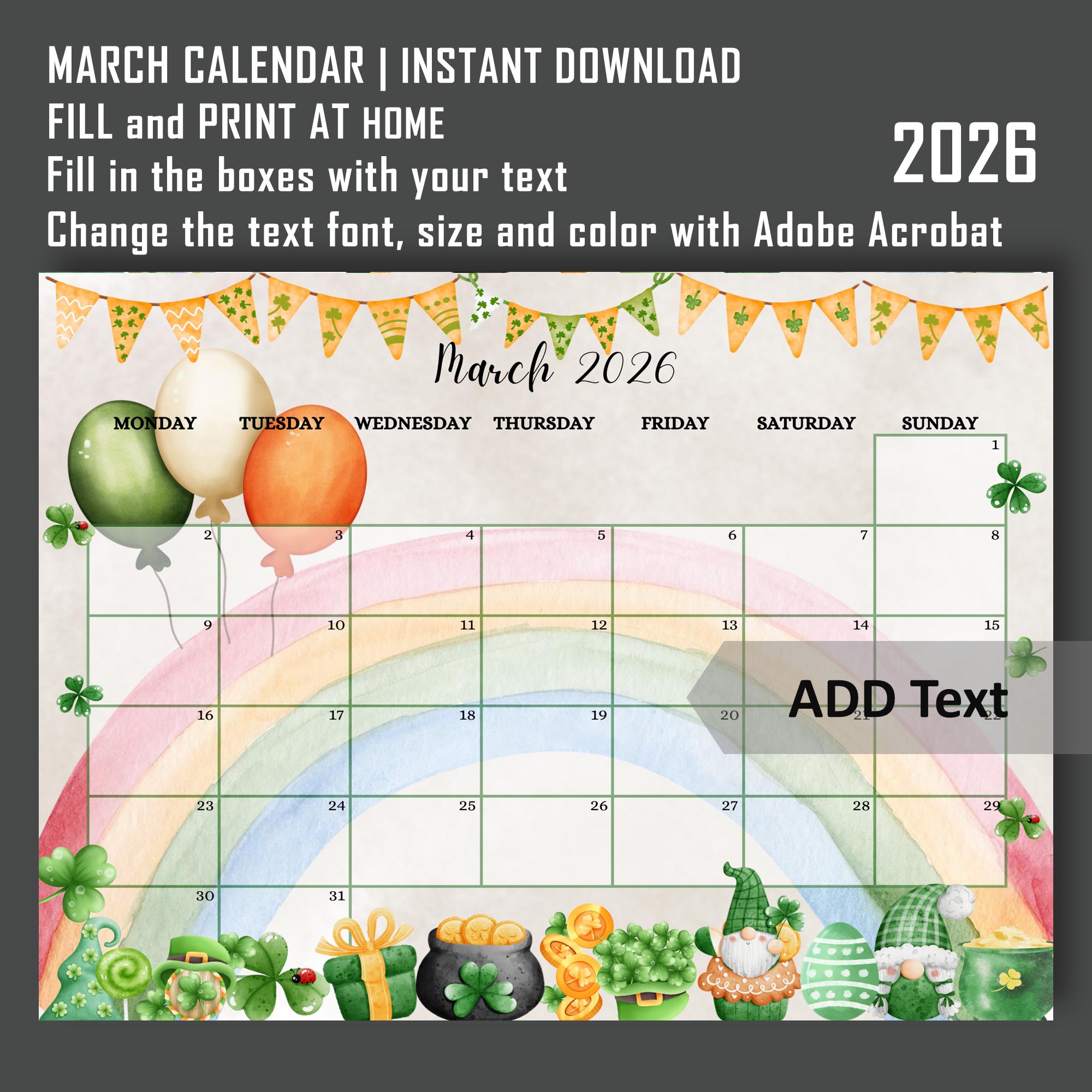 Editable March Calendar 2026, St. Patrick's Day Fillable March Calendar ...