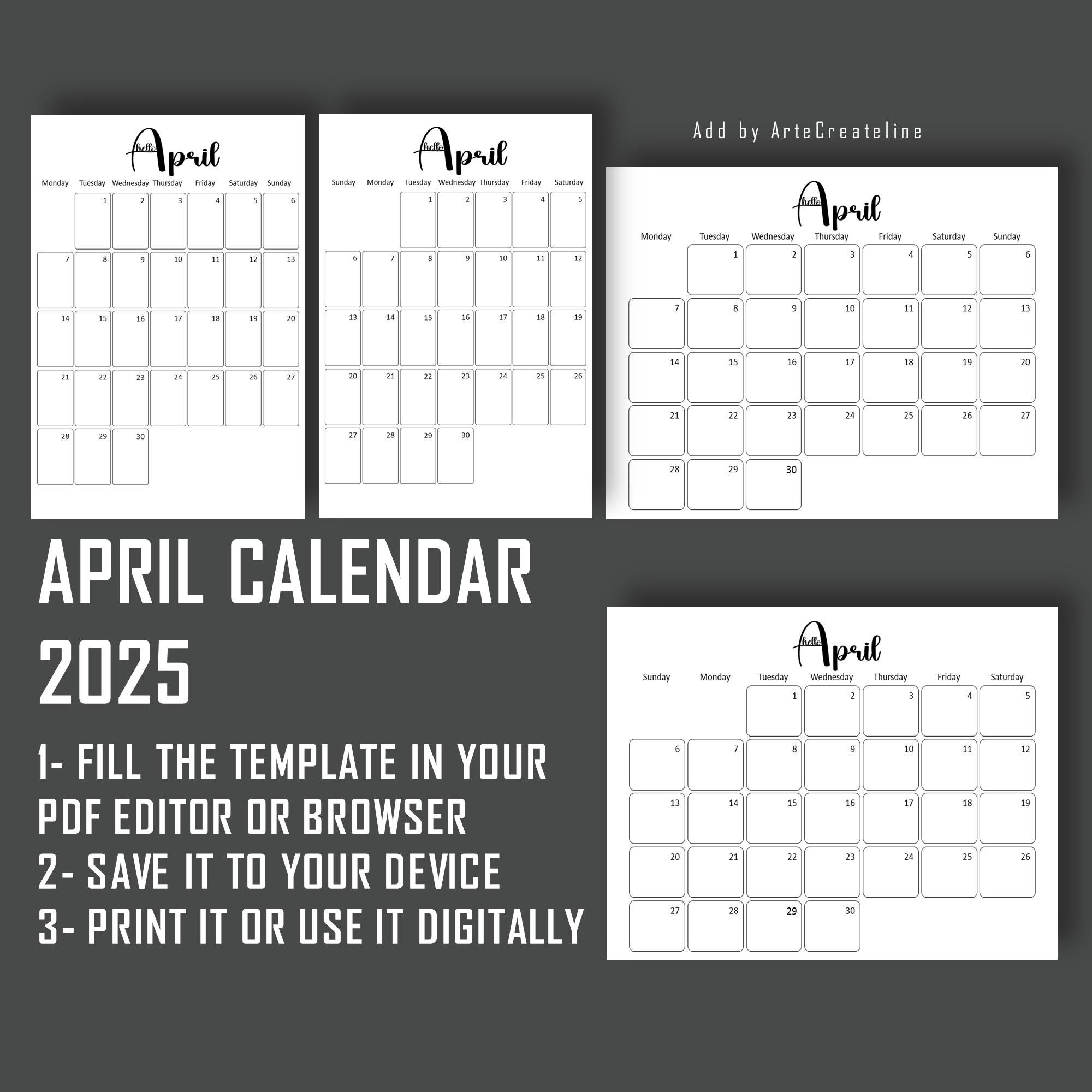 EDITABLE April 2025 Calendar, Printable Fillable Calendar 2025 ...