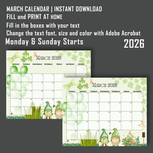 EDITABLE March 2026 Calendar, Beautiful Spring With Cute Gnome Calendar ...