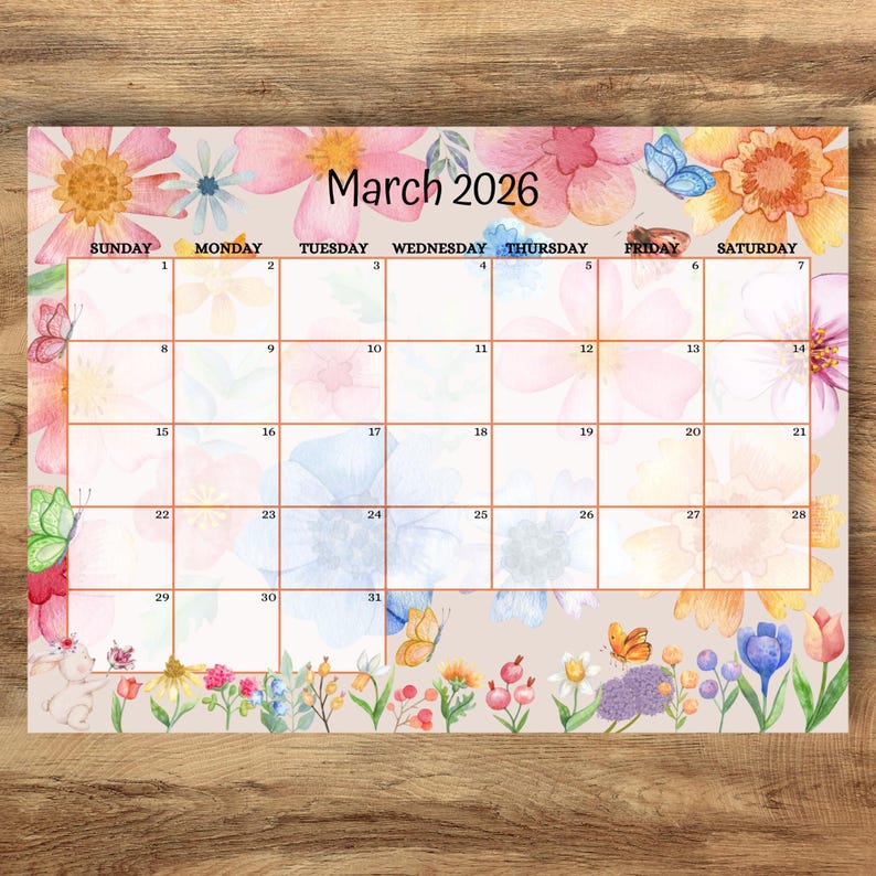 EDITABLE March 2026 Calendar, Hello Spring Flowery Calendar, Printable ...