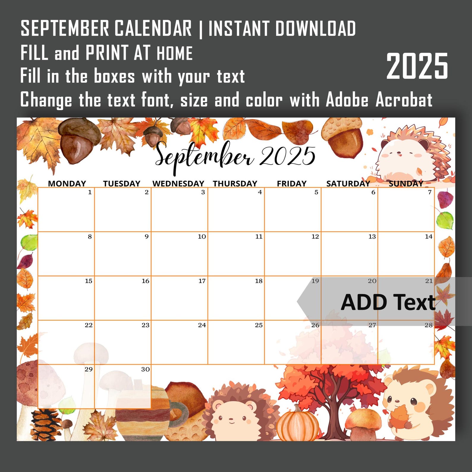 EDITABLE September 2025 Calendar, Beautiful Fall Autumn Calendar 2025 ...