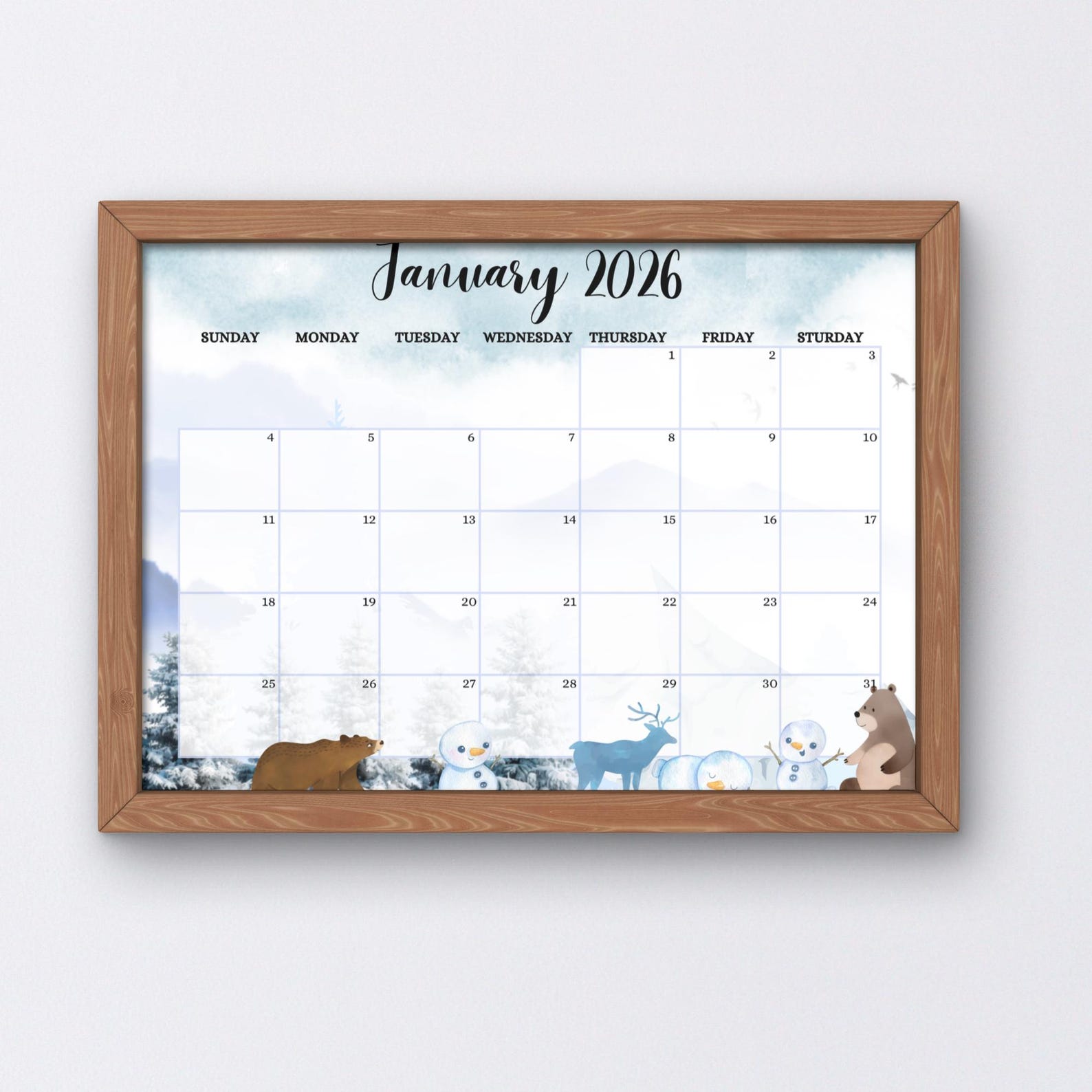 Editable January 2026 Calendar, Cute Winter W/ Cute Snow Man, Monthly ...