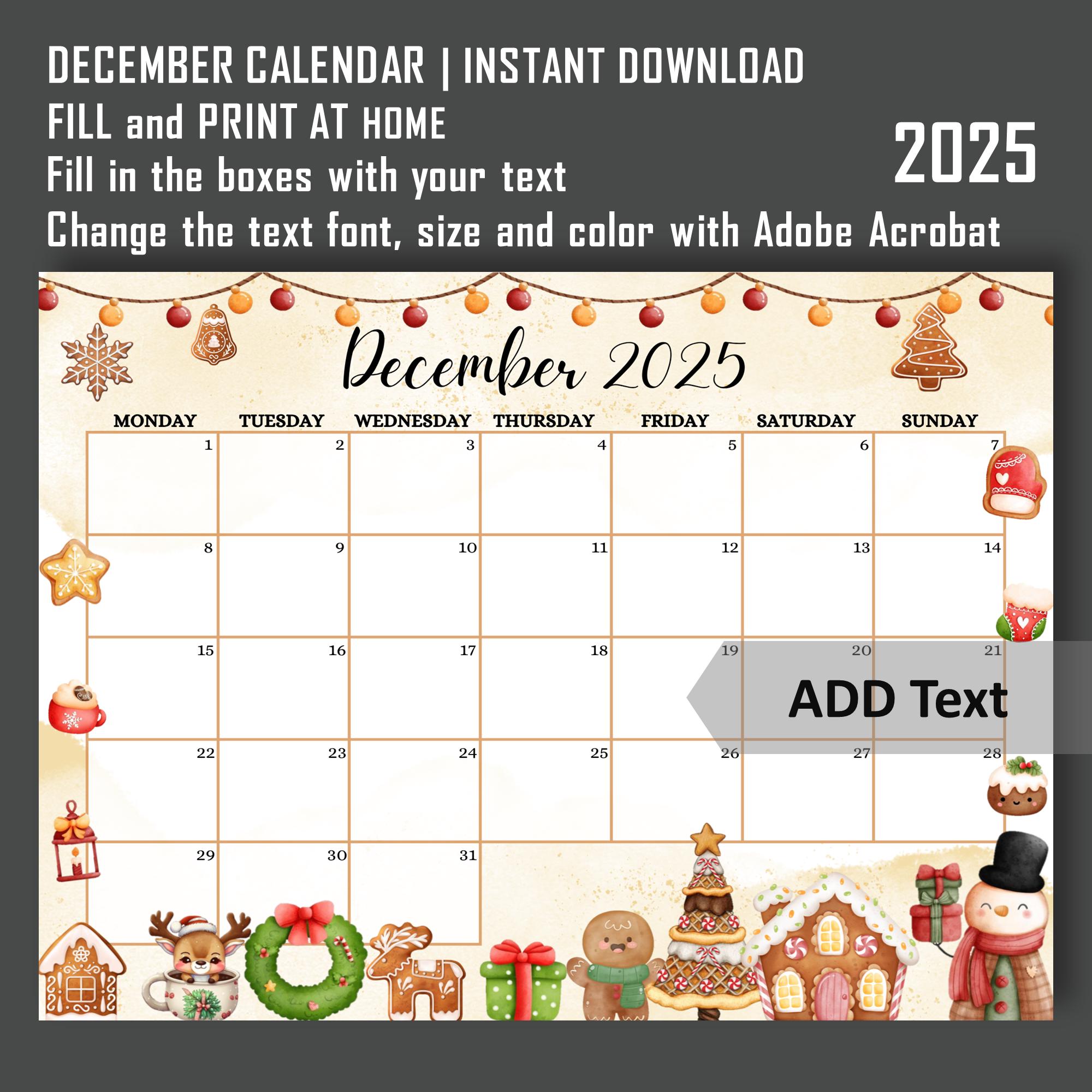 EDITABLE December 2025 Christmas Calendar, Monthly Schedule Calendar ...