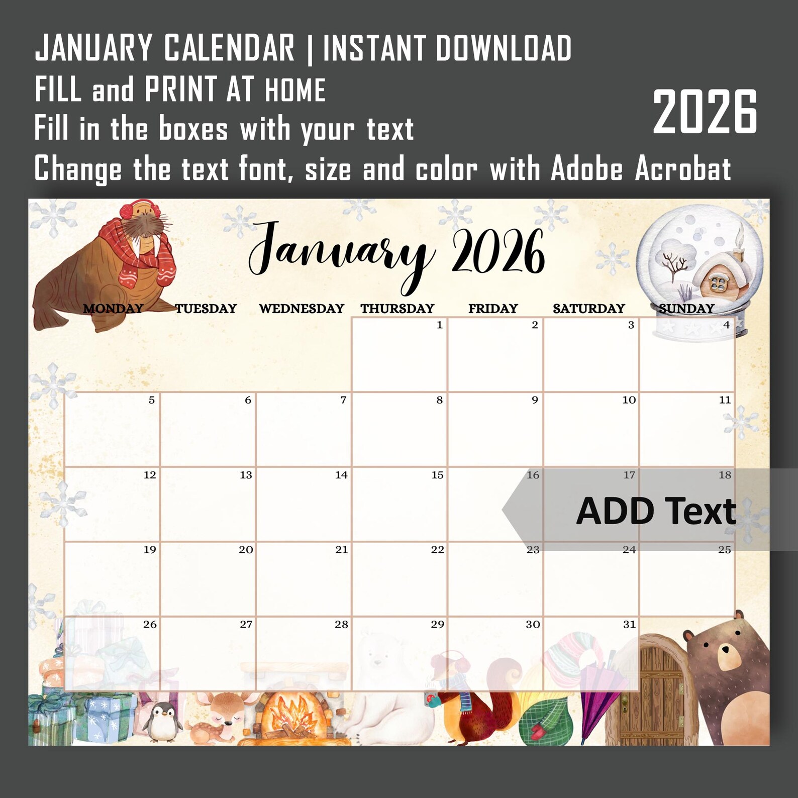Editable Fillable January 2026 Calendar, Cute Winter Calendar 2026 ...