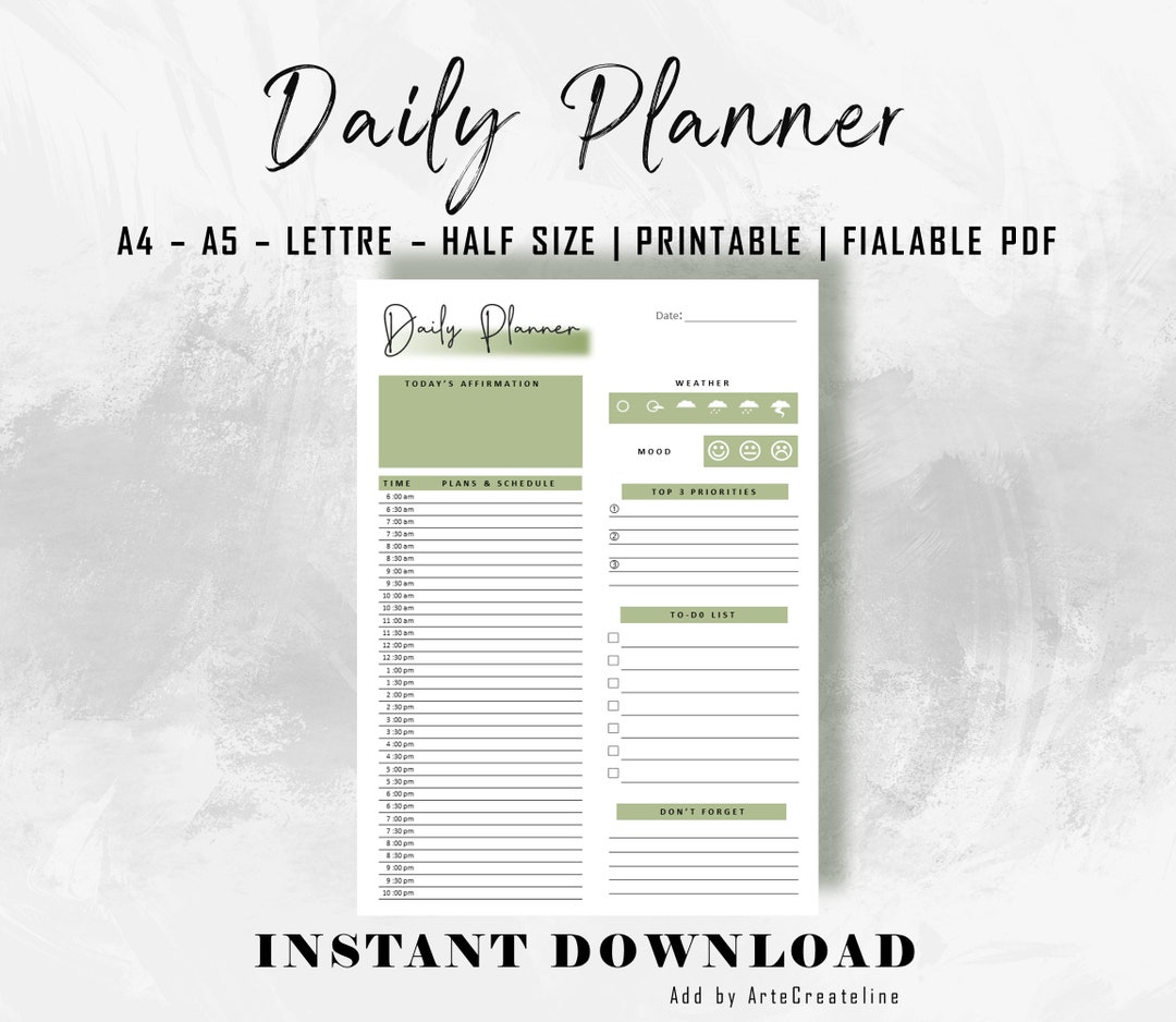 Daily Planner, Printable Productivity Daily Planner, Daily Organizer ...