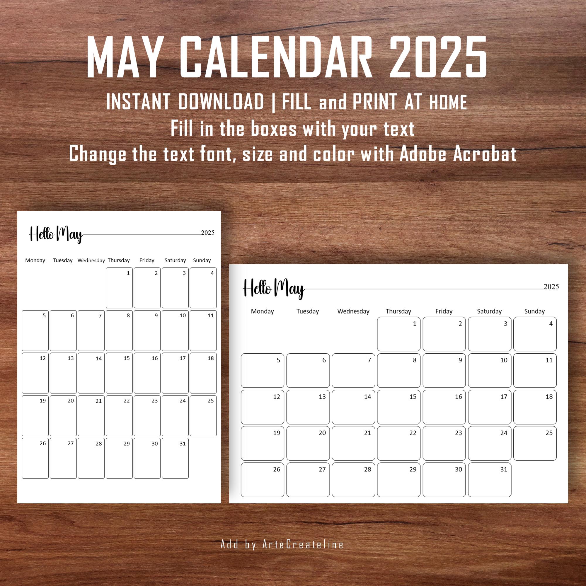 EDITABLE May 2025 Calendar, Printable Fillable May Calendar 2025 ...