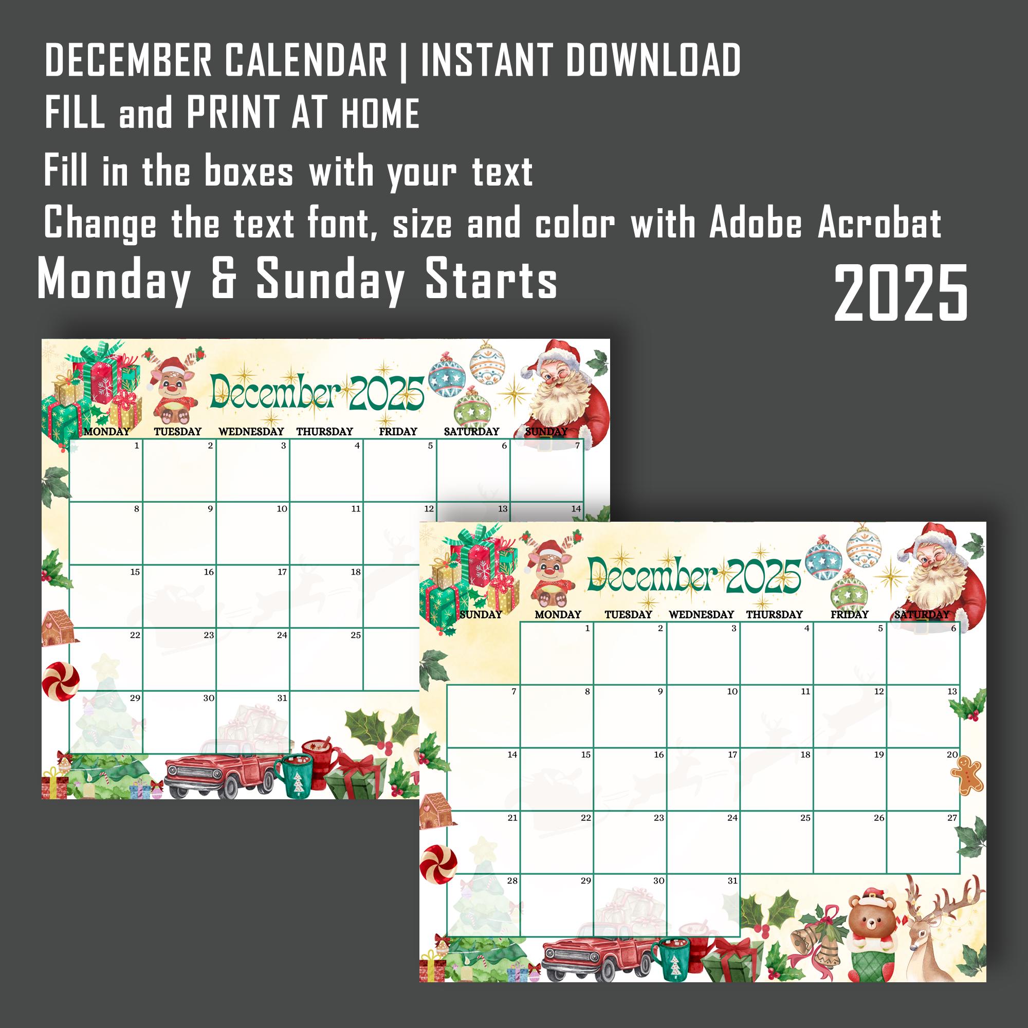 EDITABLE December 2025 Calendar, Gorgeous Christmas With Santa Claus ...