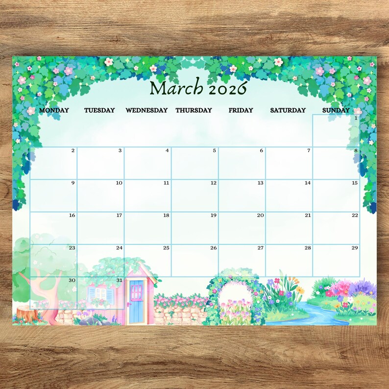 Editable March Calendar 2026, Green March Garden Calendar Printable ...
