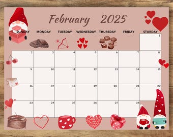 EDITABLE February 2025 Calendar, Sweet Valentine 2025 With Cute Gnomes ...