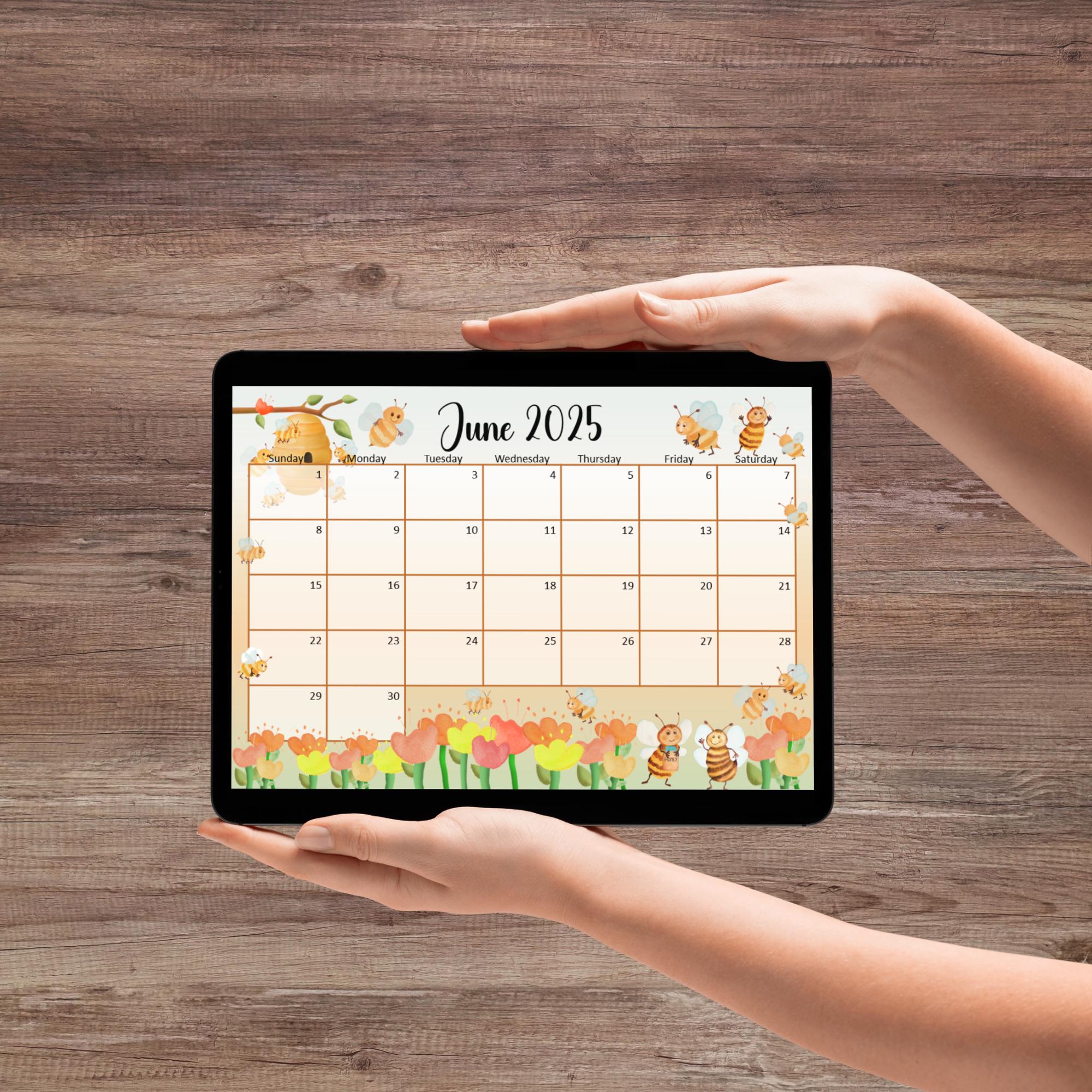 EDITABLE June 2025 Calendar, Summer Planner W/ Cute Flower Bee ...