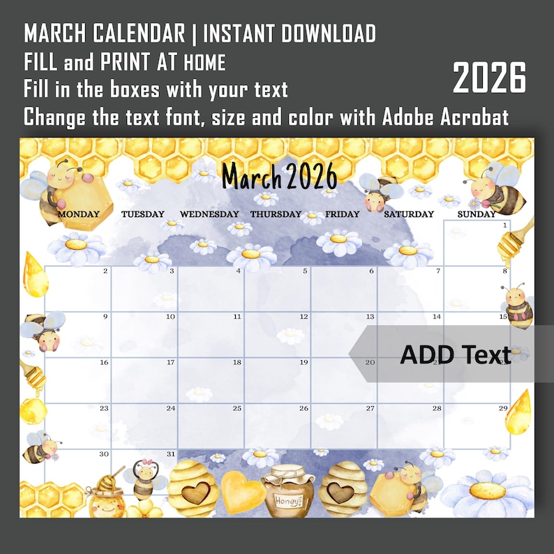 EDITABLE March 2026 Calendar, Cute Honey Bee Spring Calendar, Printable ...
