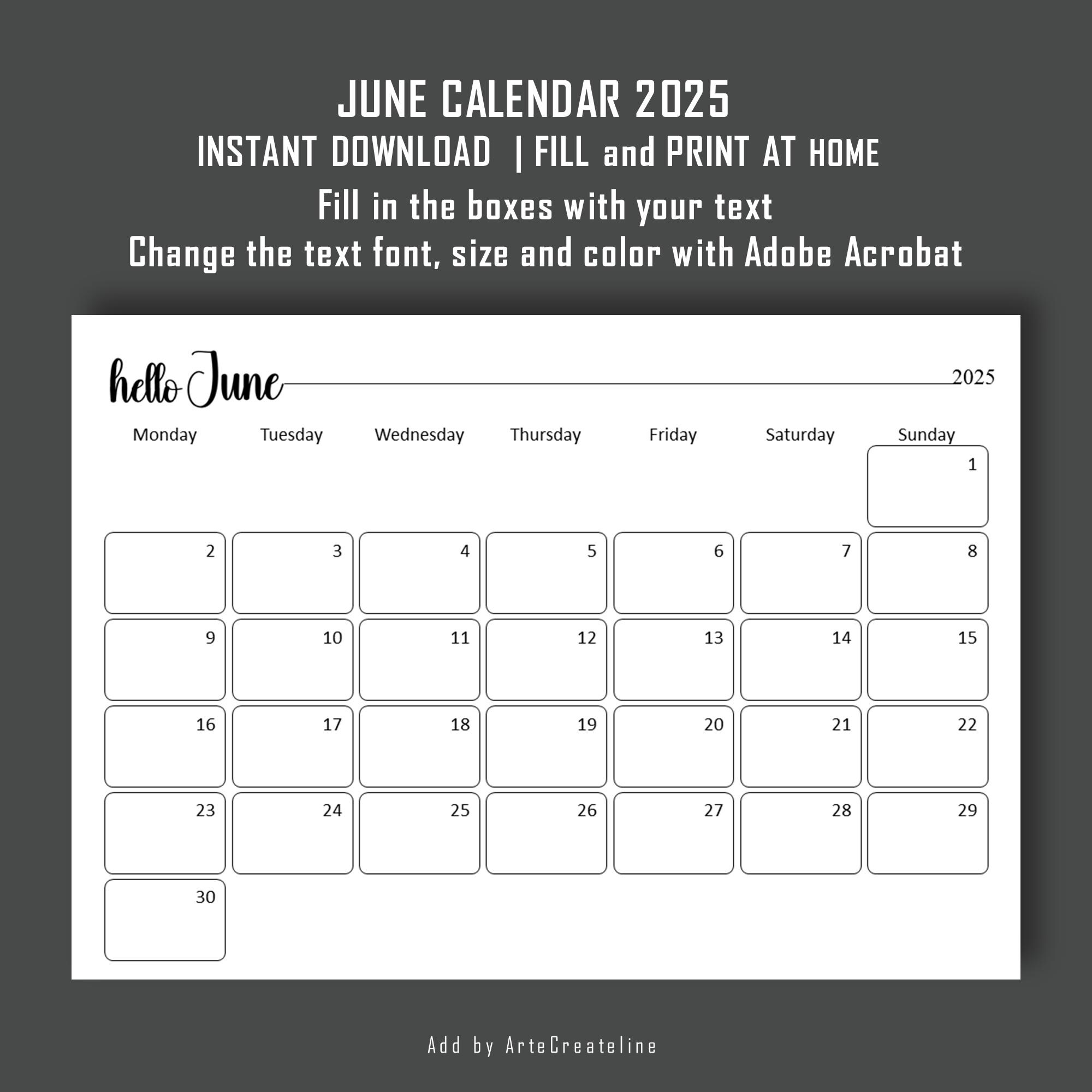 EDITABLE June 2025 Calendar, Fillable Calendar 2025, Classroom Calendar ...