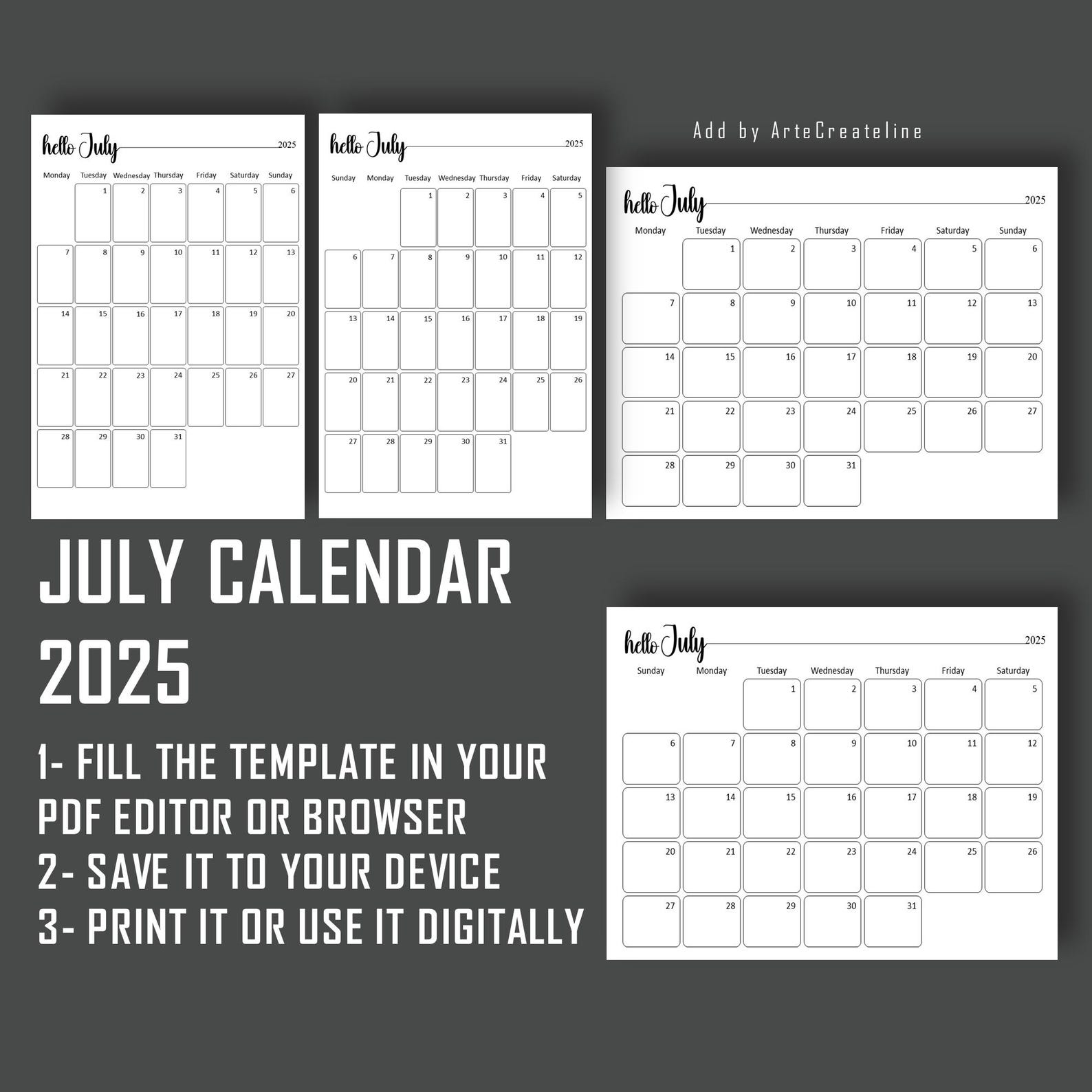 Simple July Calendar 2025, Summer Planner, Monthly Schedule, Homeschool ...