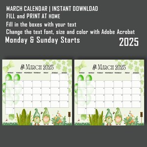 EDITABLE March 2025 Calendar, Beautiful Spring With Cute Gnome Planner ...