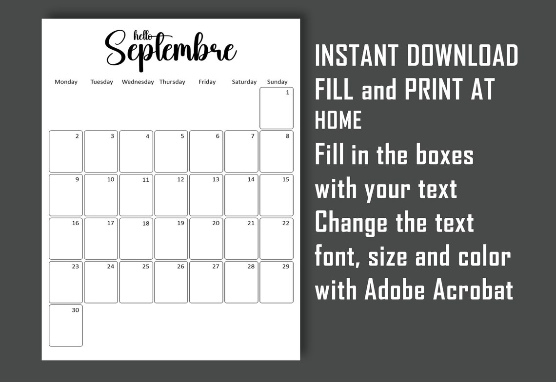 EDITIERBARER Kalender für September 2024, schöner druckbarer ...