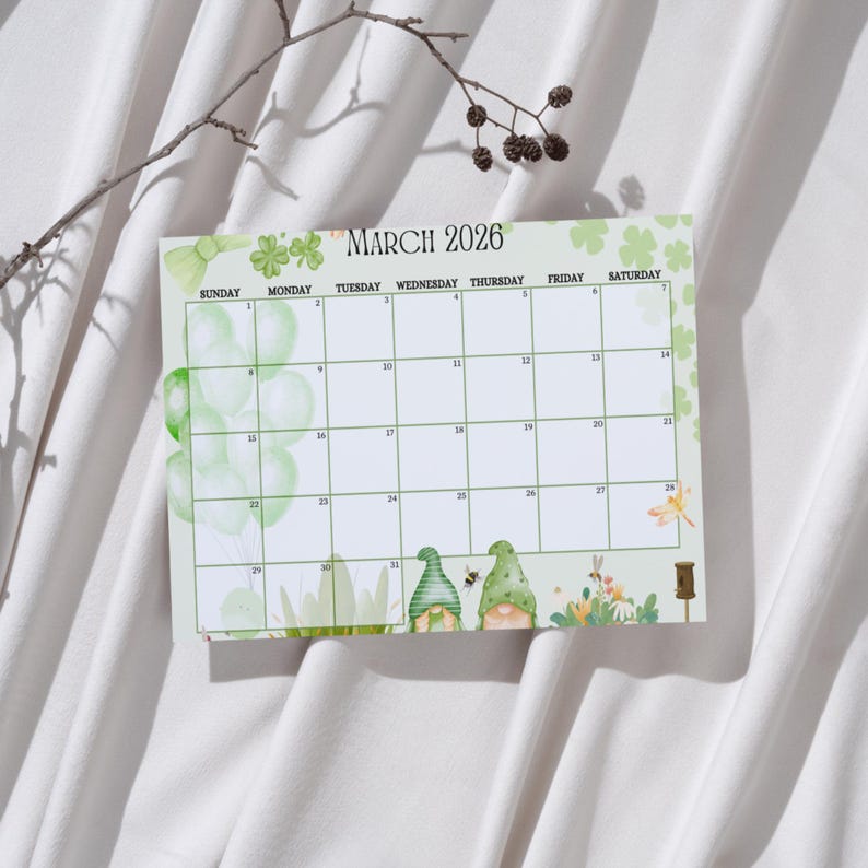 EDITABLE March 2026 Calendar, Beautiful Spring With Cute Gnome Calendar ...
