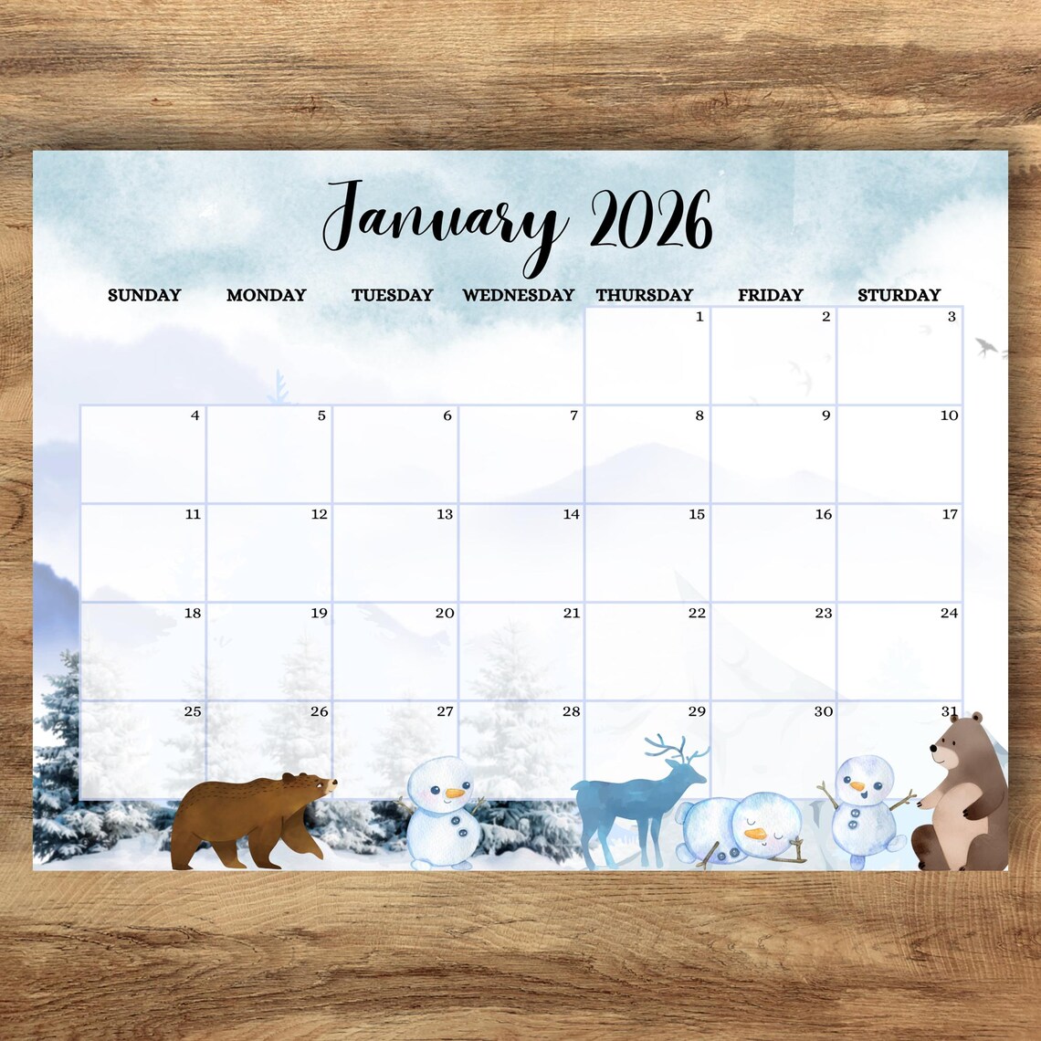 Editable January 2026 Calendar, Cute Winter W/ Cute Snow Man, Monthly ...
