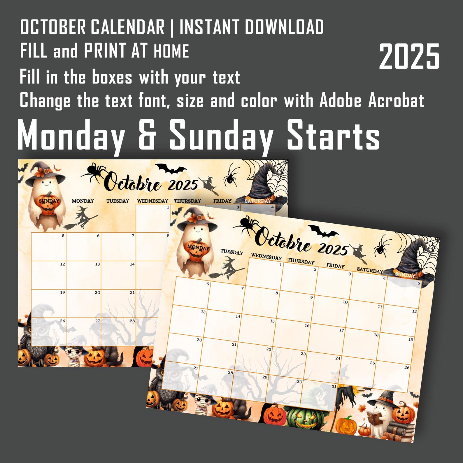 EDITABLE October 2025 Calendar, Cute Spooky Halloween Planner ...