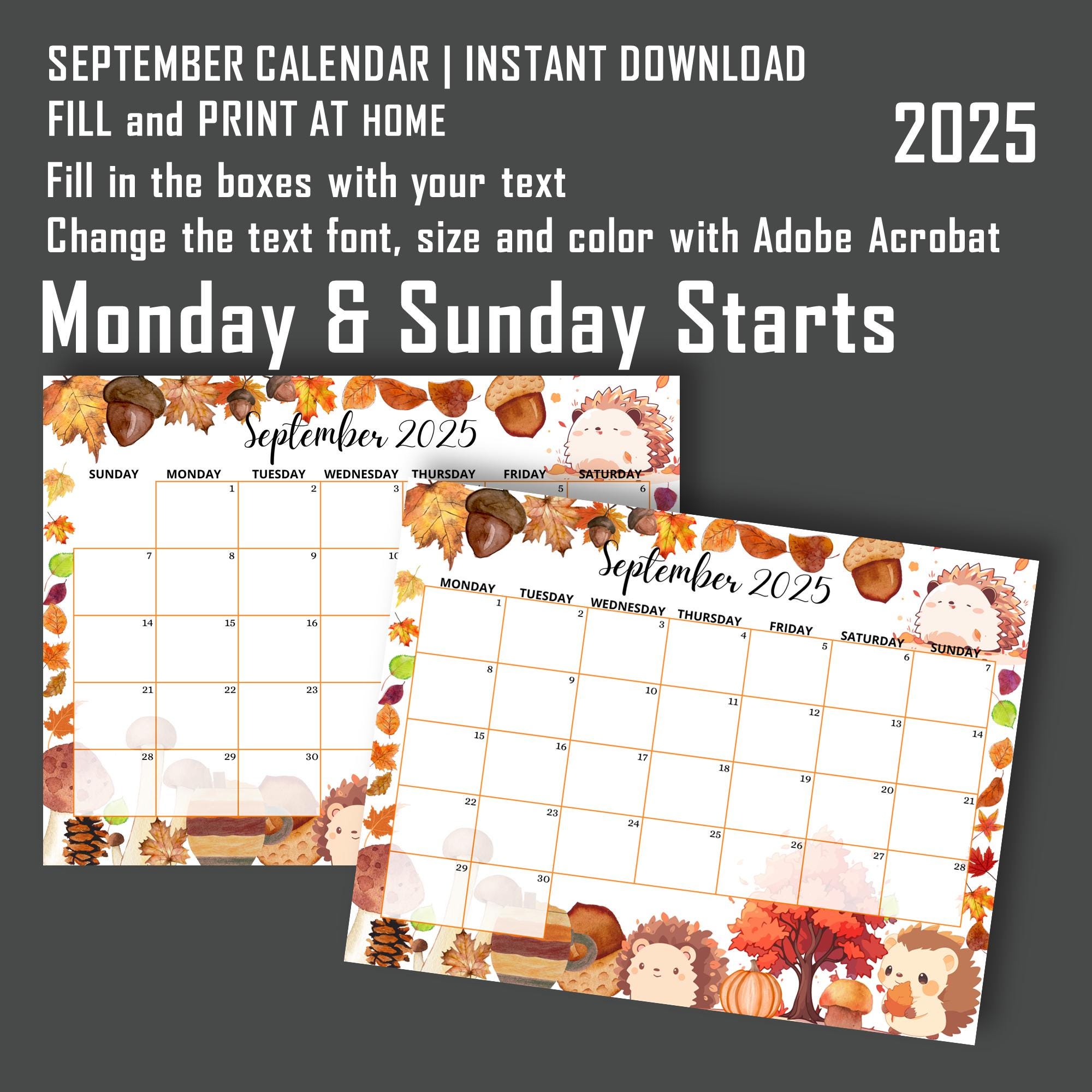 EDITABLE September 2025 Calendar, Beautiful Fall Autumn Calendar 2025 ...