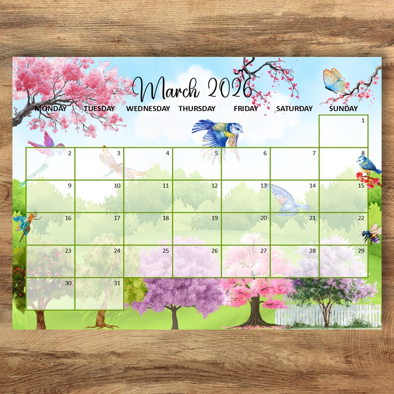 Editable March Calendar 2026, Beautiful Spring March Calendar Printable ...