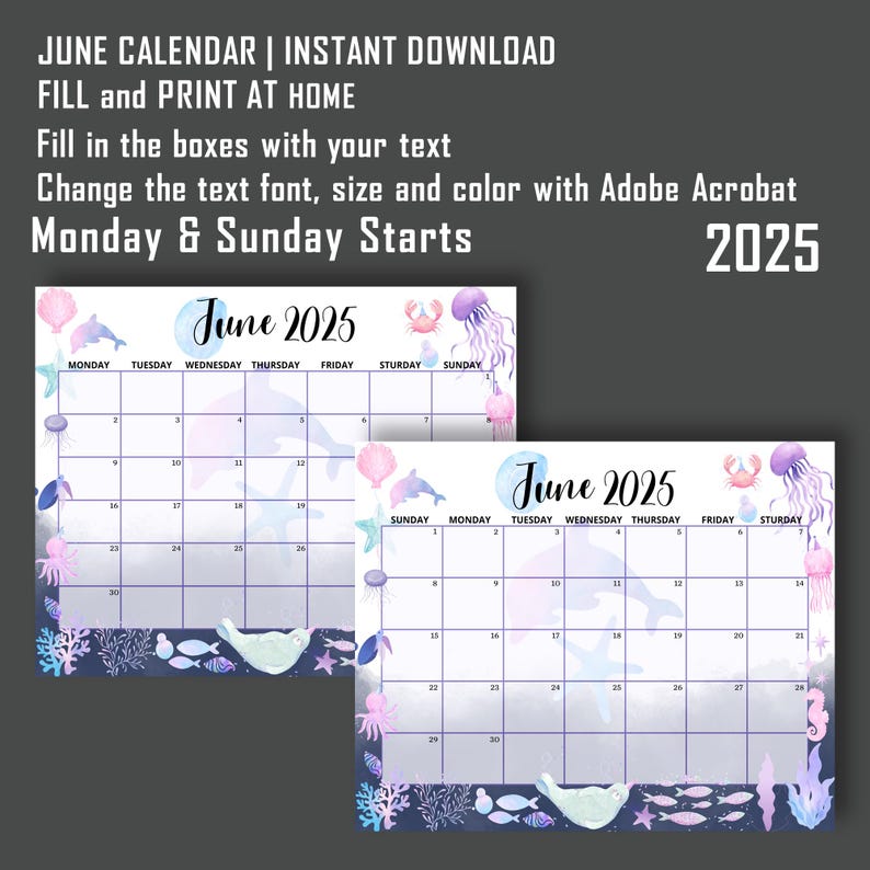 EDITABLE June 2025 Calendar, Summer Planner W/ Marine Animals ...