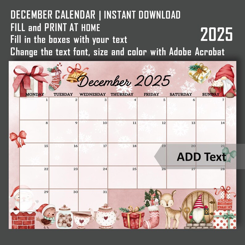 Editable December Calendar 2025, Colorful Christmas Calendar 2025, 2025 ...