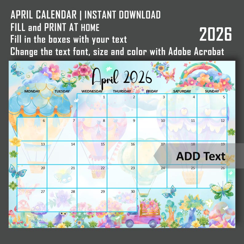 EDITABLE April Calendar 2026, Happy Spring W/ Cute Hot Air Balloon ...