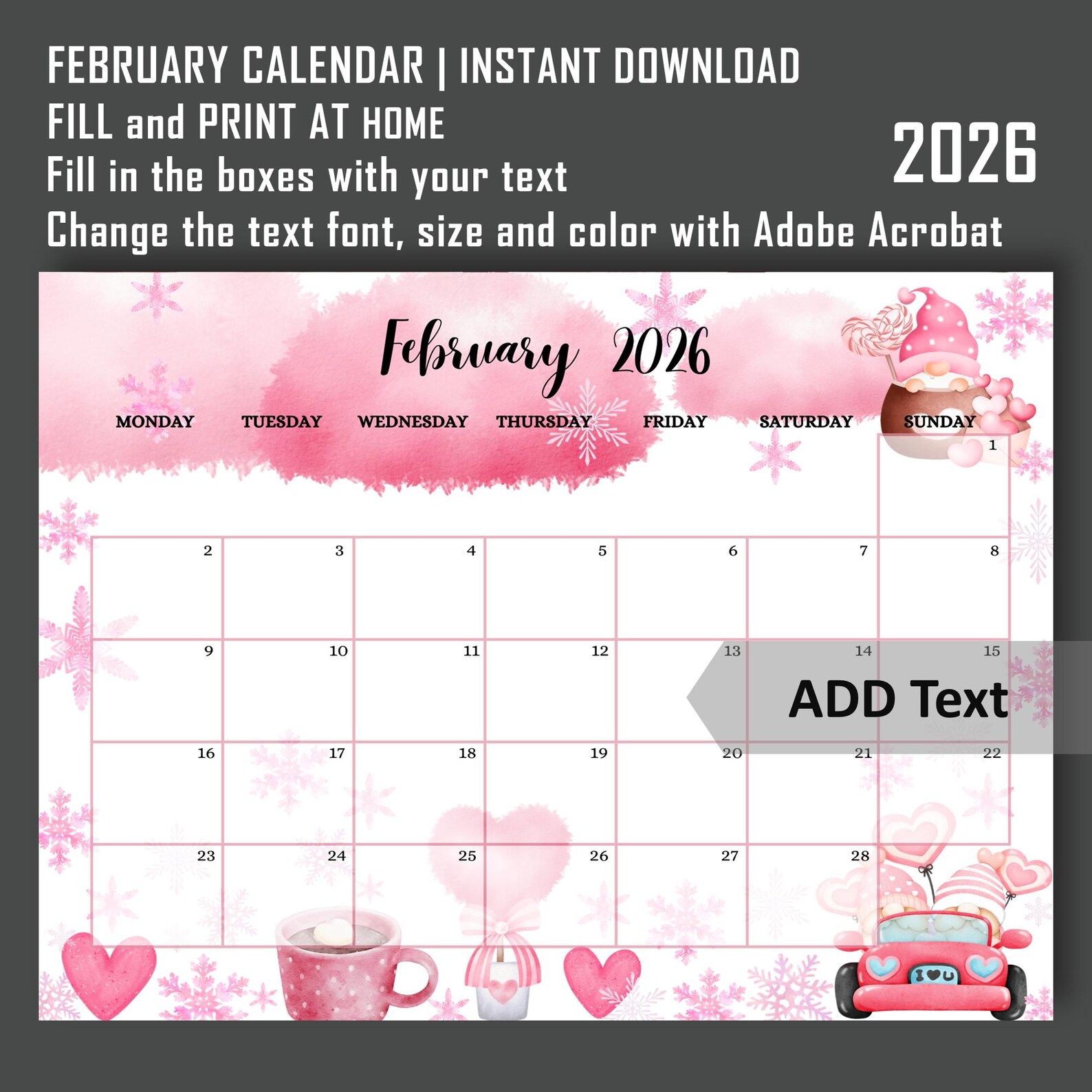 Editable February 2026 Calendar, Cute & Sweets Pink Calendar Valentine ...