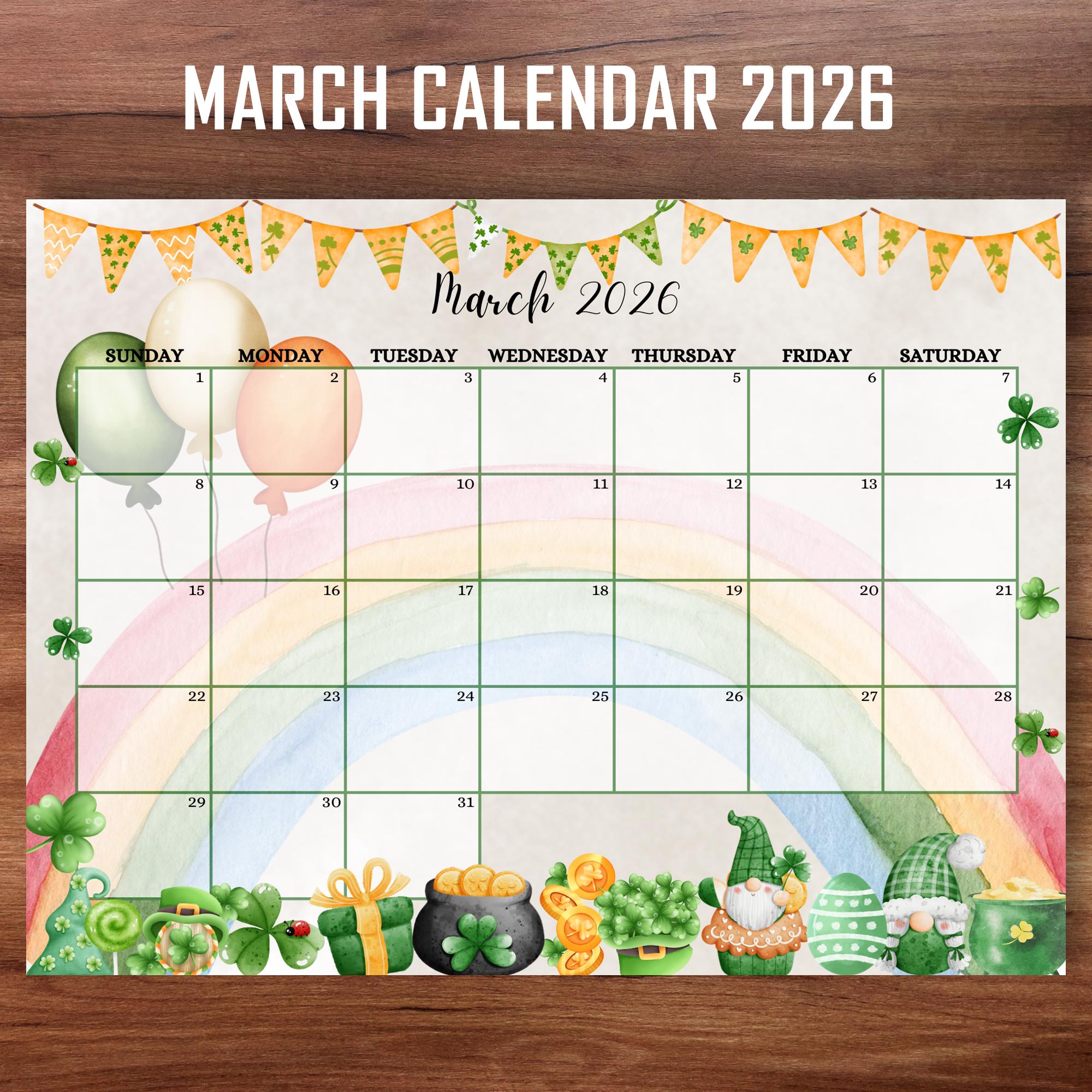Editable March Calendar 2026, St. Patrick's Day Fillable March Calendar ...