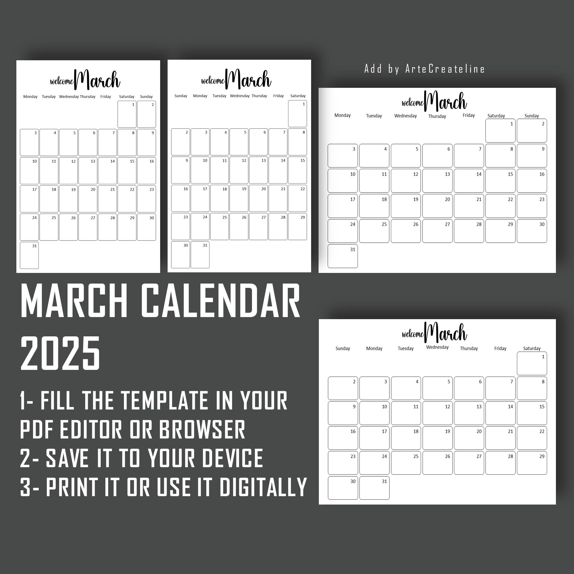 EDITABLE March 2025 Calendar, Printable March Calendar 2025, Classroom ...