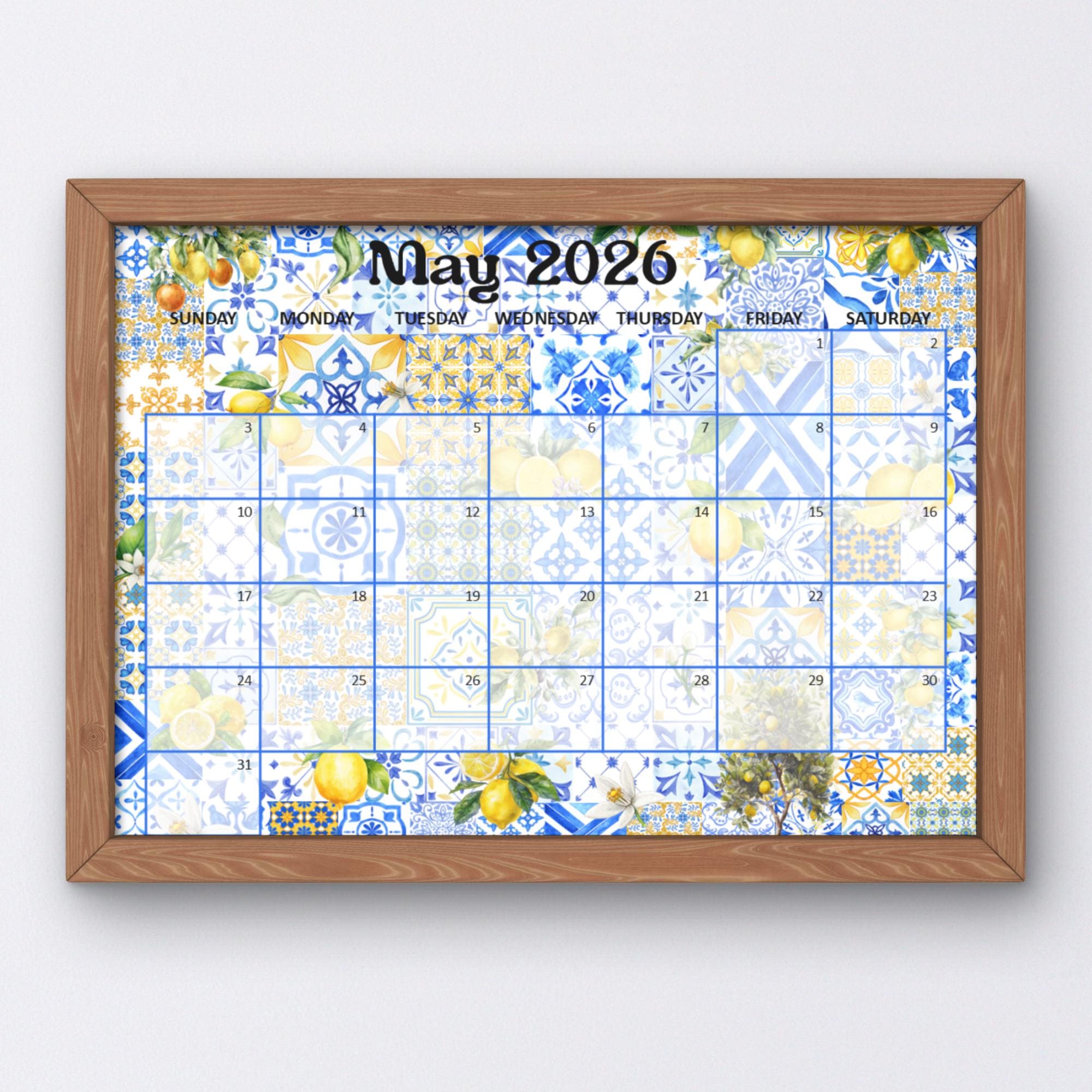 Calendrier modifiable de mai 2026, aquarelle de citrons frais ...