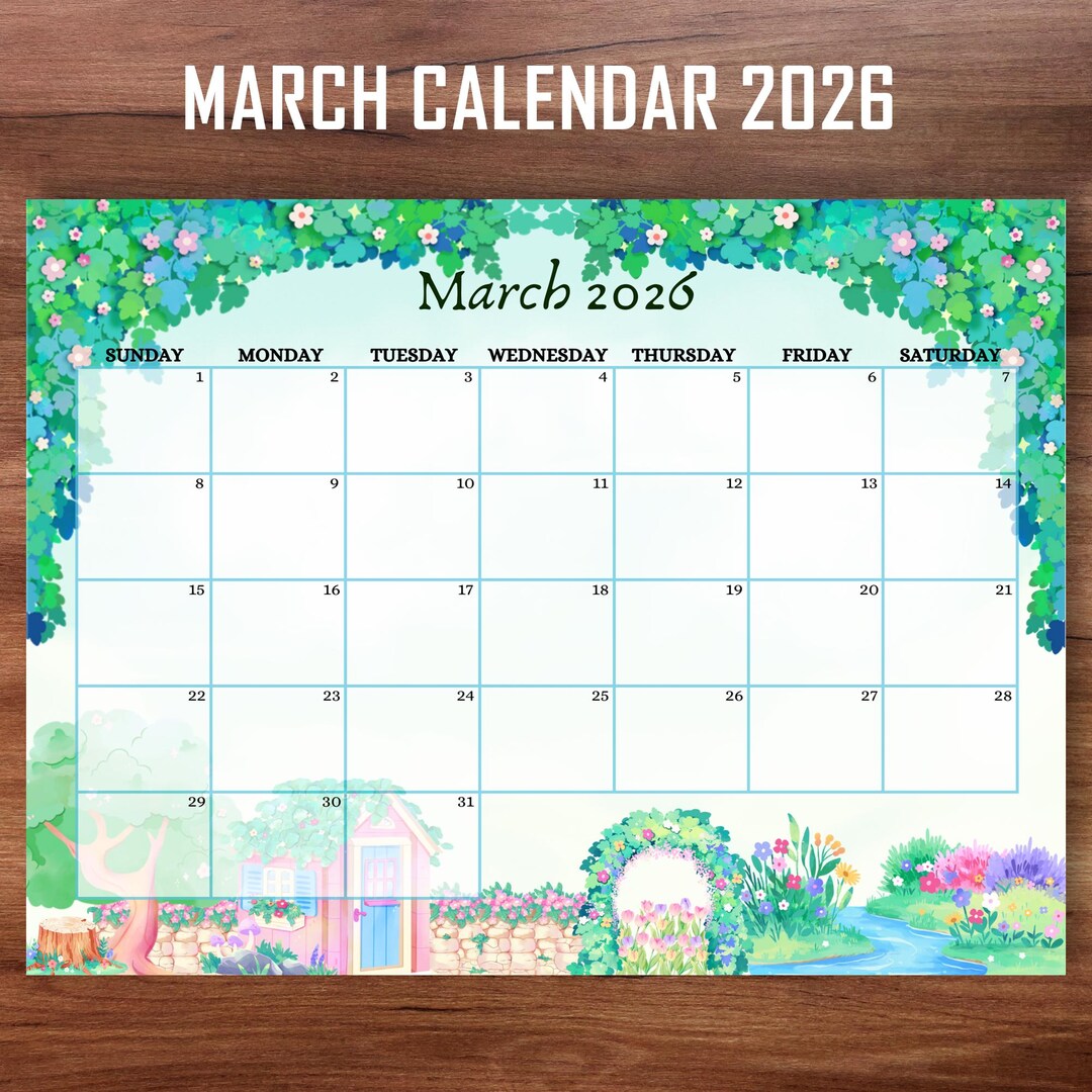 Editable March Calendar 2026, Green March Garden Calendar Printable ...