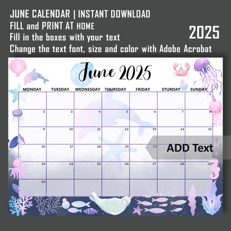 EDITABLE June 2025 Calendar, Summer Planner W/ Marine Animals ...