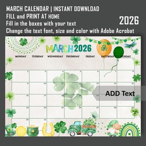 Editable March Calendar 2026, Happy Spring W/ St. Patricks Day Calendra ...