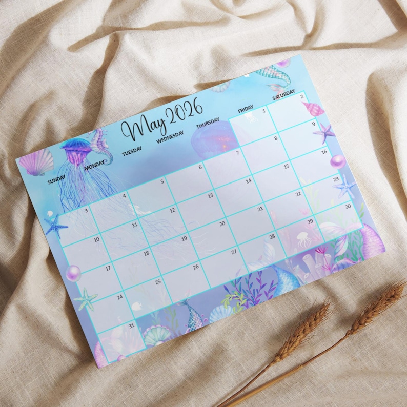 EDITABLE May 2026 Calendar, Cute Sea With Colorful Mermaid May Calendar ...