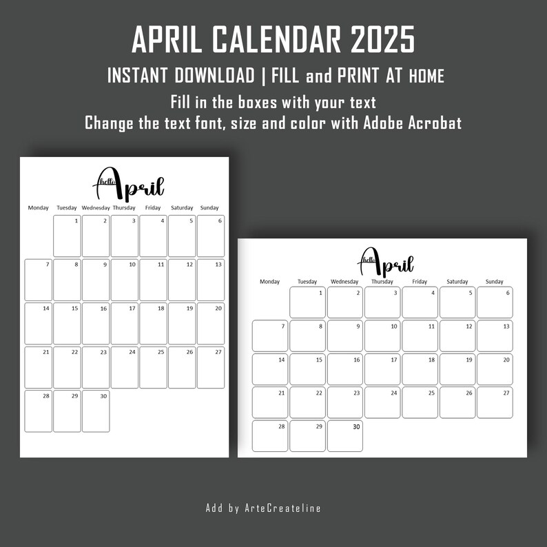EDITABLE April 2025 Calendar, Printable Fillable Calendar 2025 ...