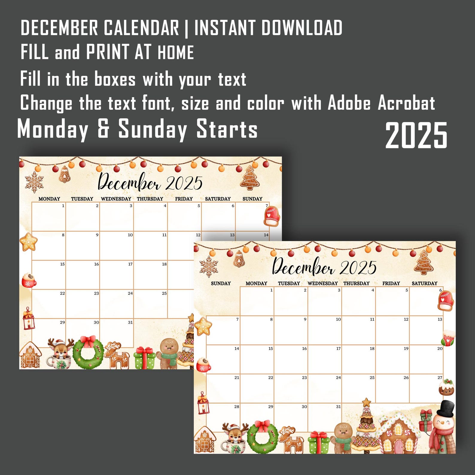 EDITABLE December 2025 Christmas Calendar, Monthly Schedule Calendar ...
