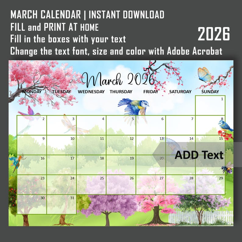 Editable March Calendar 2026, Beautiful Spring March Calendar Printable ...