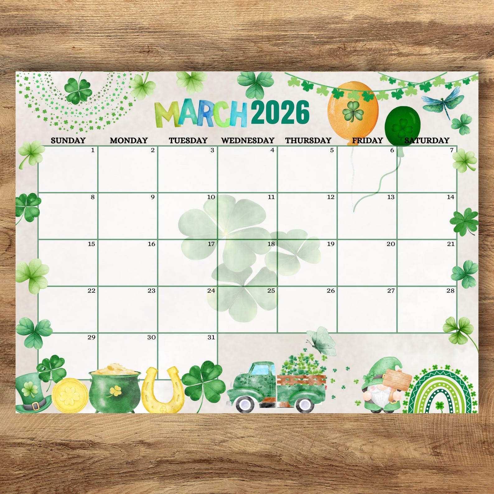 Editable March Calendar 2026, Happy Spring W/ St. Patricks Day Calendra ...