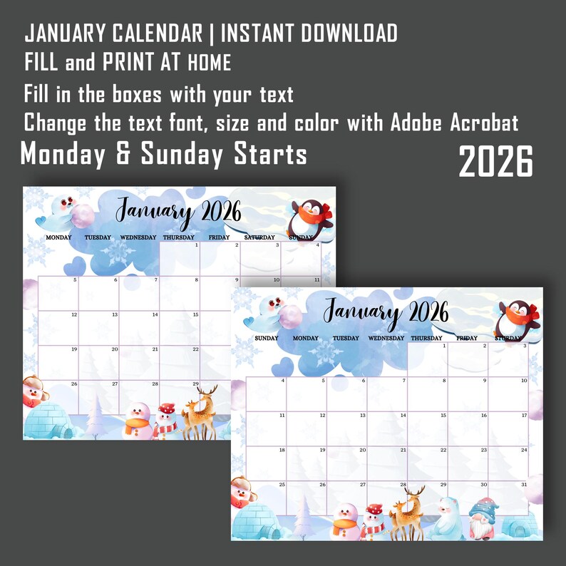 Editable Fillable January 2026 Calendar, Winter Editable Calendar 2026 ...